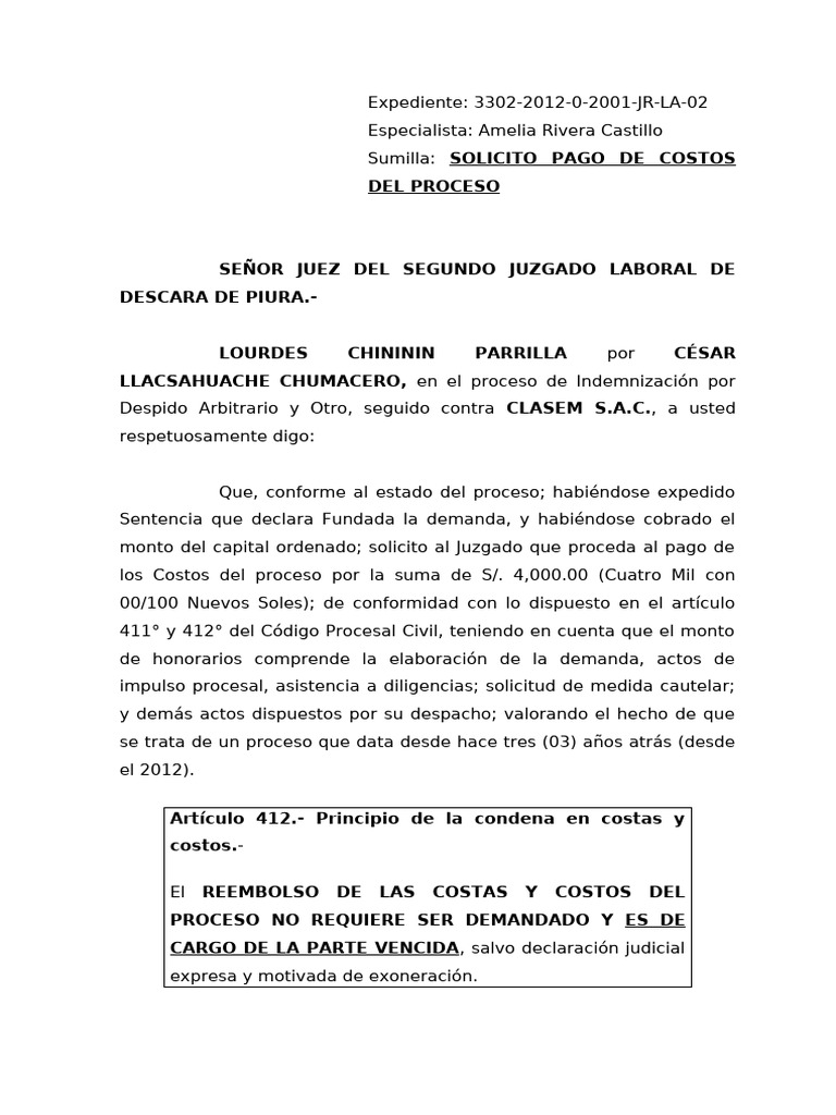 Solicito Fije Costos - Proceso Laboral | PDF