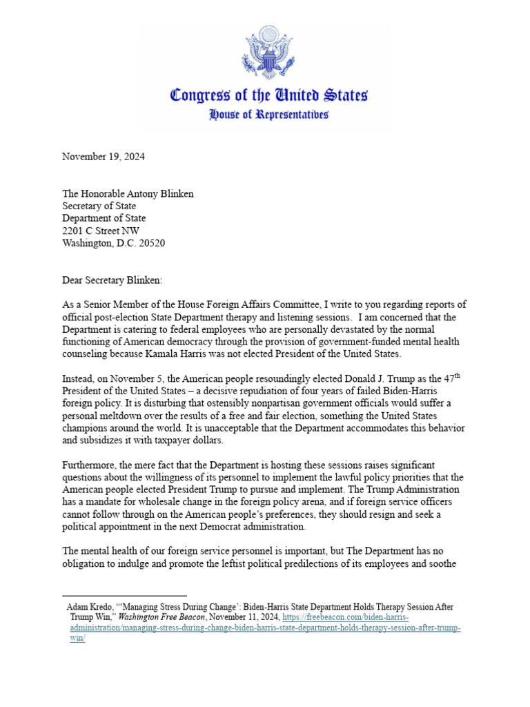 Rep. Issa Letter To Sec. Blinken On Post Election Therapy Sessions ...