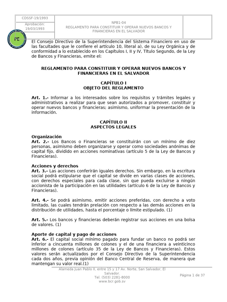 NPB1-04 Modif A Reglamento para Constituir y Operar Nuevos Bancos y Financieras en El Salvador ...