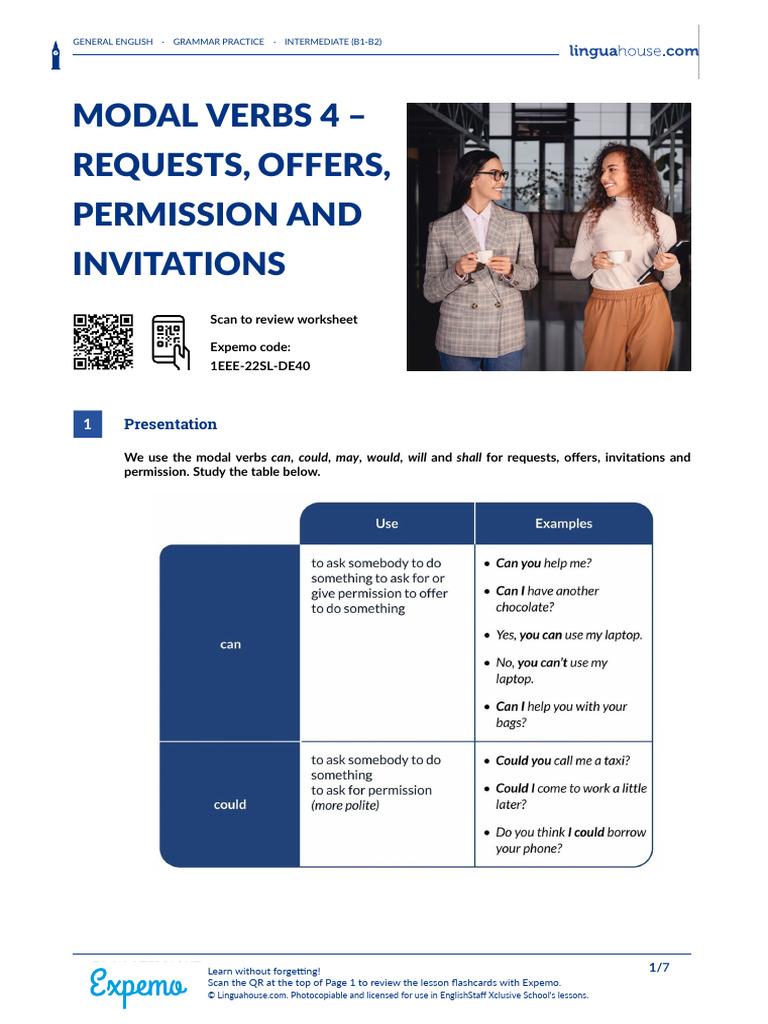 Modal Verbs 4 Requests Offers Permission and Invitations British English Student B1 B2 | PDF ...