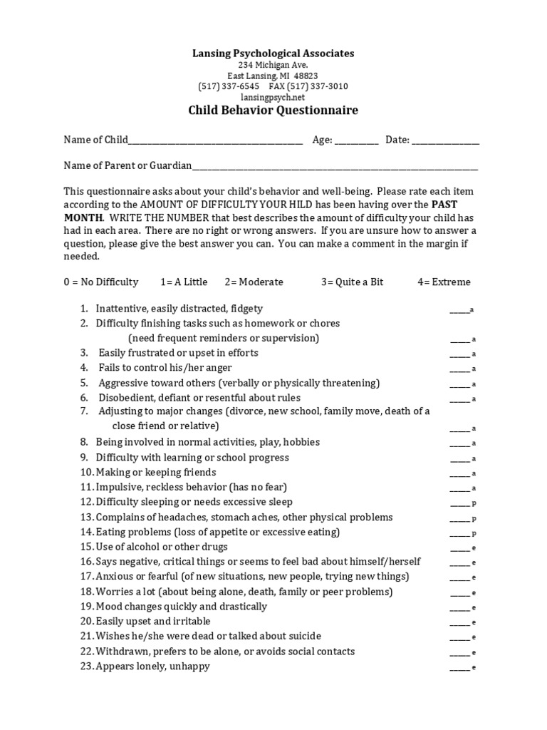 Child Behavior Questionnaire Fill Able | PDF | Psychology | Behavioural ...