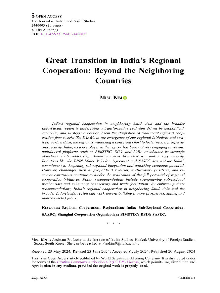 Kim 2024 Great Transition in India S Regional Cooperation Beyond The ...