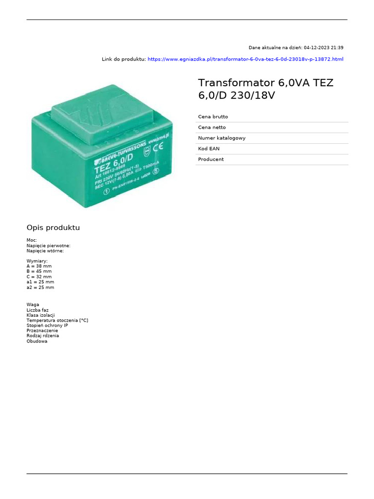 Transformator 6 0va Tez 6 0d 23018v | PDF