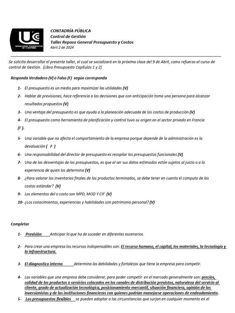 Taller de Repaso Control de Gestion | PDF | Presupuesto | Business