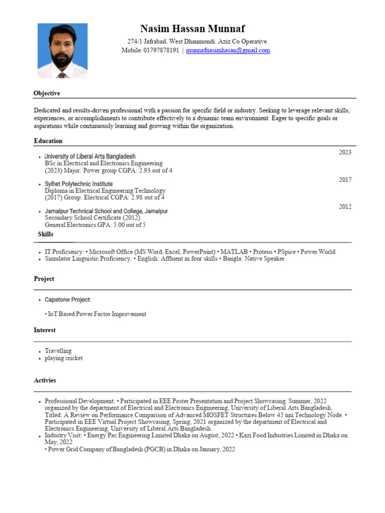 Nasim Hasan Munnaf - CV-1 | PDF | Bangladesh | Electrical Engineering