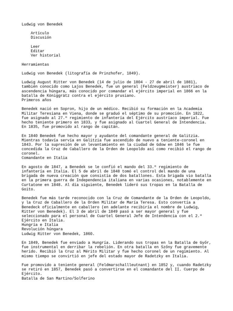 Ludwig von Benedek: General Austriaco | PDF | Militar | Conflictos