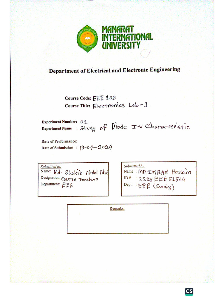 2225EEE51564 - 25B Batch Imran Hossain Lab Report EEE 108 | PDF