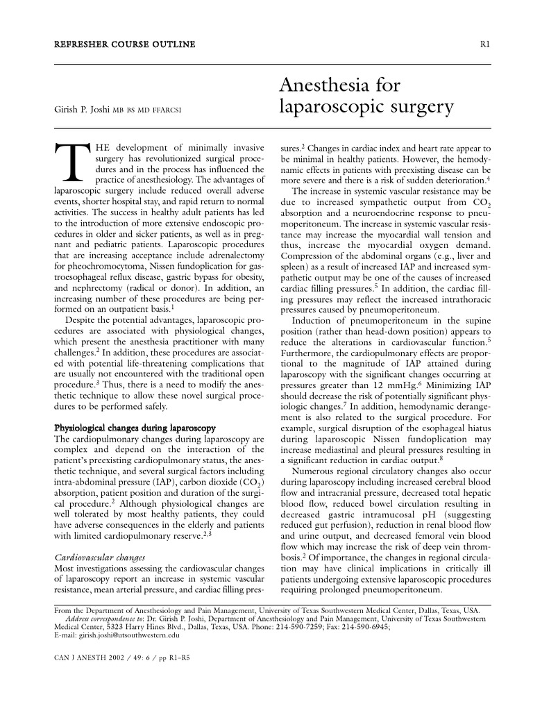 Anesthesia Challenges in Laparoscopy | PDF | Anesthesia | Clinical Medicine