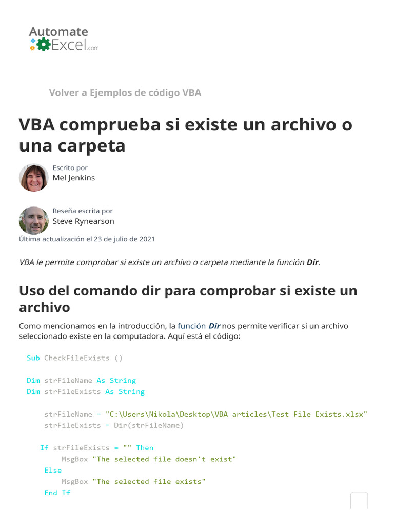 VBA Comprobar Si Existe Un Archivo o Carpeta - Automatizar Excel | PDF | Archivo de computadora ...