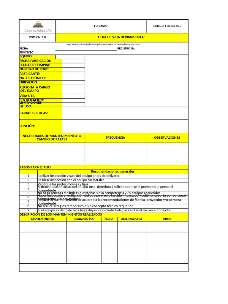 Fto-Sst-035 Hoja de Vida de Herramientas | PDF