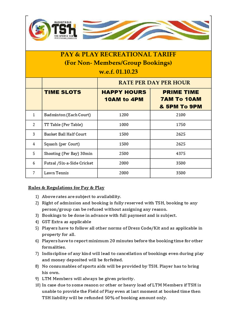 TSH Kanpur Pay & Play Rates 2023 | PDF
