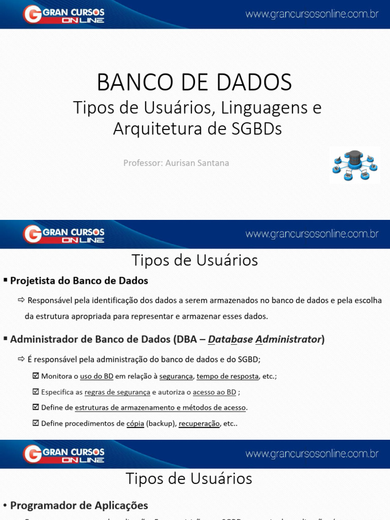 Slide Tipos de Usuarios Linguagens e Arquitetura de SGBD | PDF | Bancos de dados | SQL