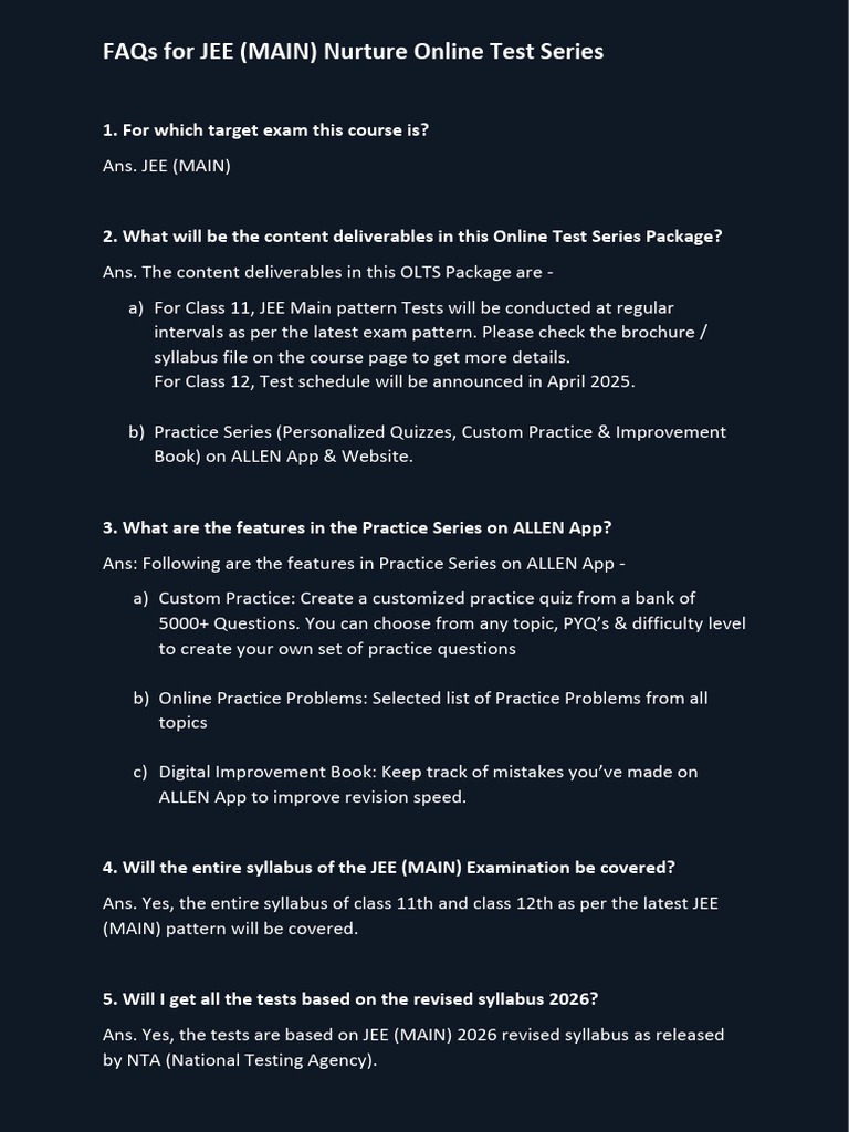 FAQs For JEE Main Nurture 2026 OLTS. Qvs5a4 | PDF | Tests | Qualifications