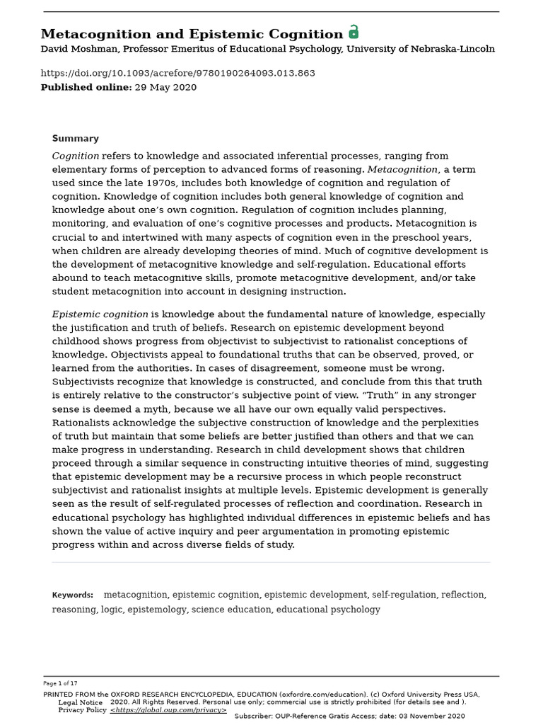 Metacognition and Epistemic Cognition - David Moshman | PDF | Epistemology | Knowledge