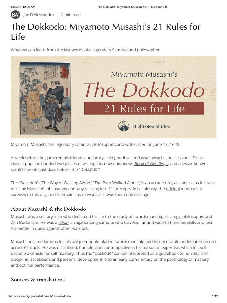 The Dokkodo - Miyamoto Musashi's 21 Rules For Life | PDF | Bushido ...