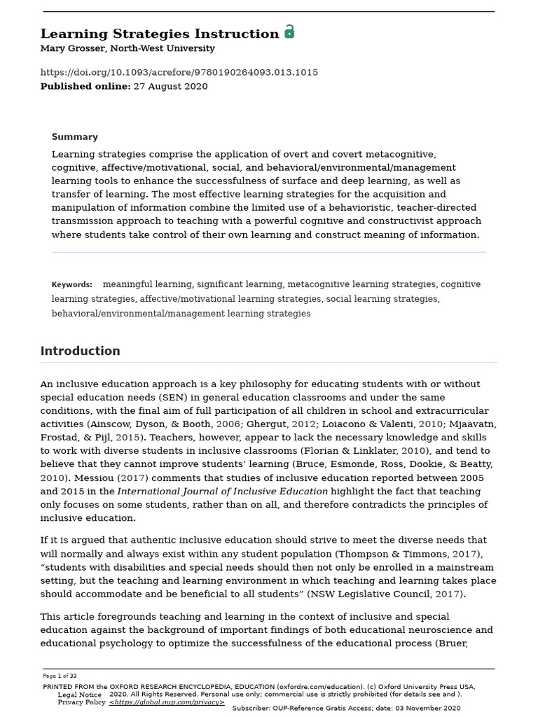 Learning Strategies Instruction | PDF | Learning | Metacognition