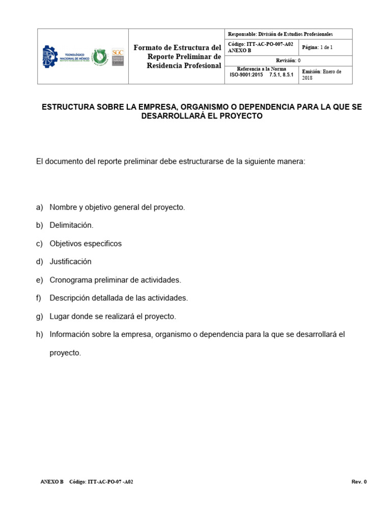 Formato de Estructura Del Reporte Preliminar de Residencia Profesional | PDF