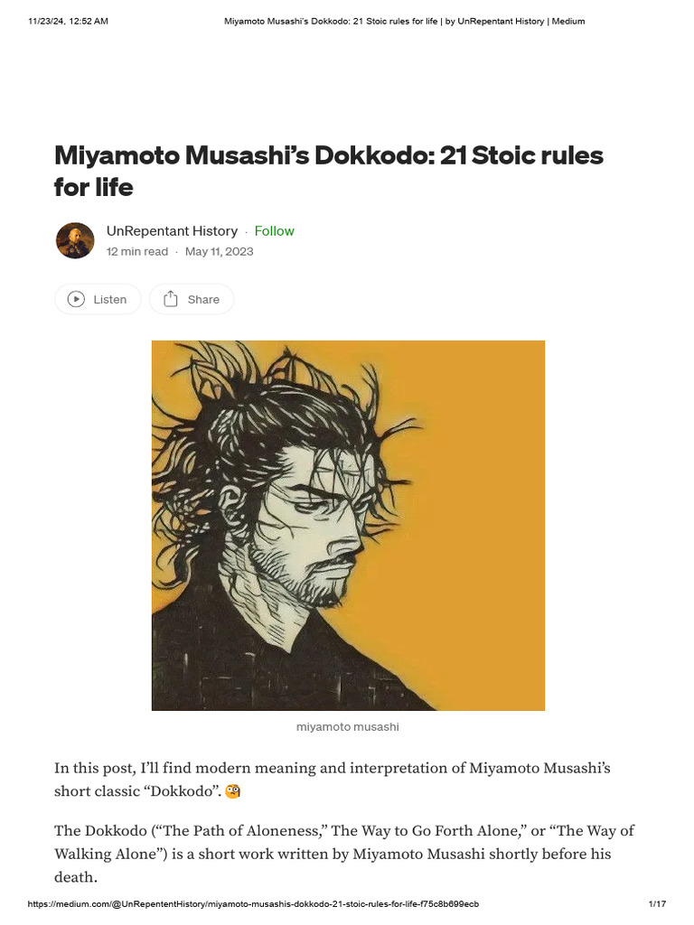 Miyamoto Musashi's Dokkodo - 21 Stoic Rules For Life - by UnRepentant ...