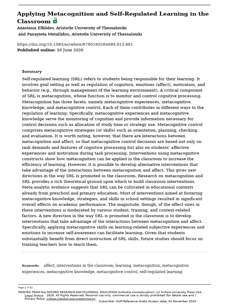 Applying Metacognition and Self - Regulated - Anastasia Efk | PDF | Metacognition | Learning