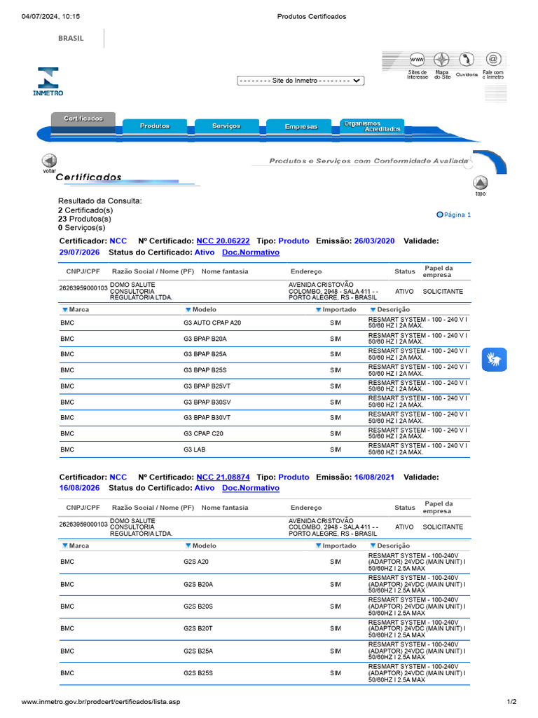 Certificado Inmetro - Cpap Resmart System | PDF | Brasil
