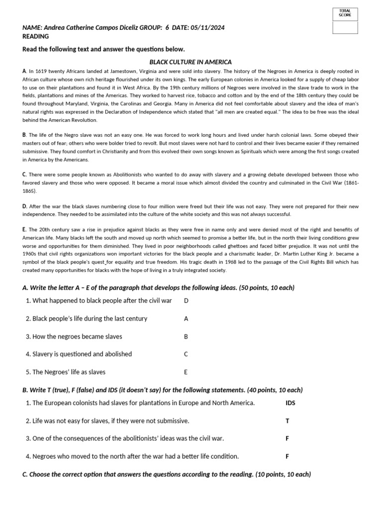 6 Reading BLACK CULTURE IN AMERICA - Copia HOMEWORK | PDF | Slavery ...