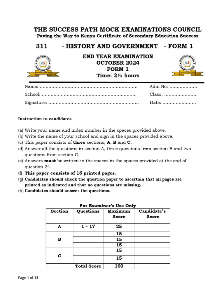 History f1 Et3 Qs | PDF | Kenya | Africa