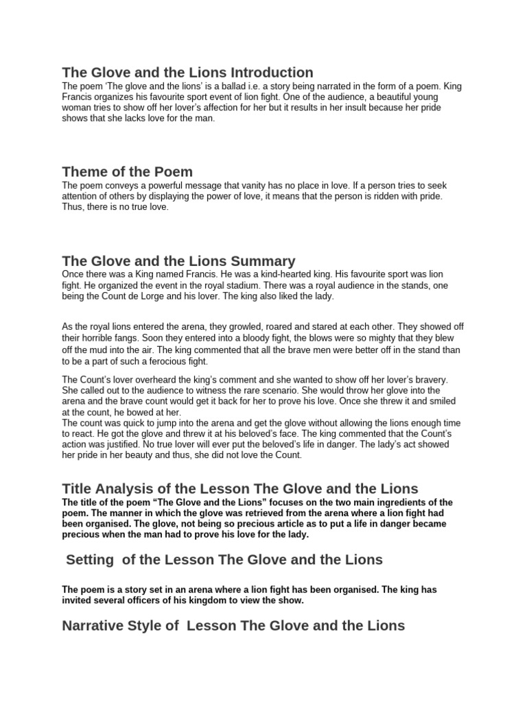 The Glove and the Lions: A Poem Analysis | PDF