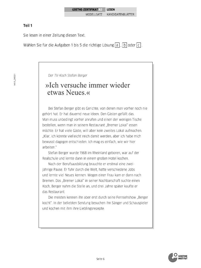 A2 Modelltest Goethe Lesen 06.09 | PDF