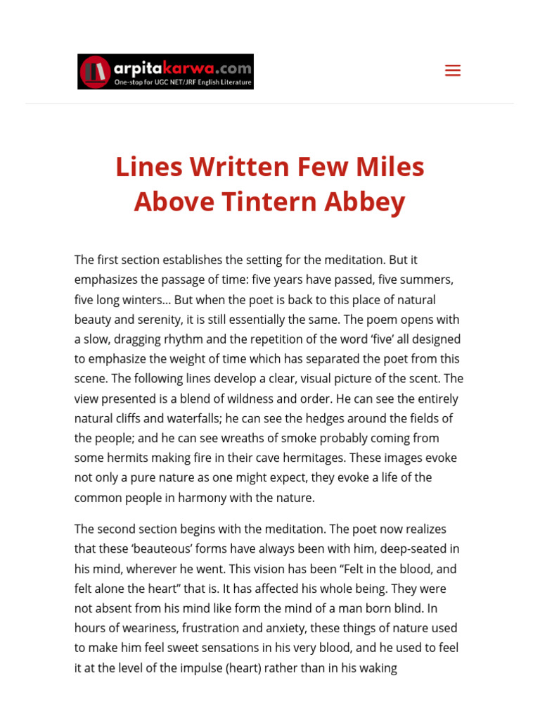 Lines Written Few Miles Above Tintern Abbey | PDF