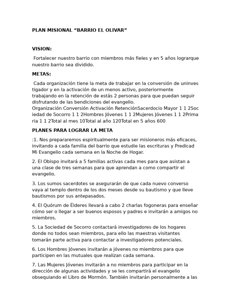 Plan Misional Barrio El Olivar: Metas y Estrategias | PDF | Religión y ...