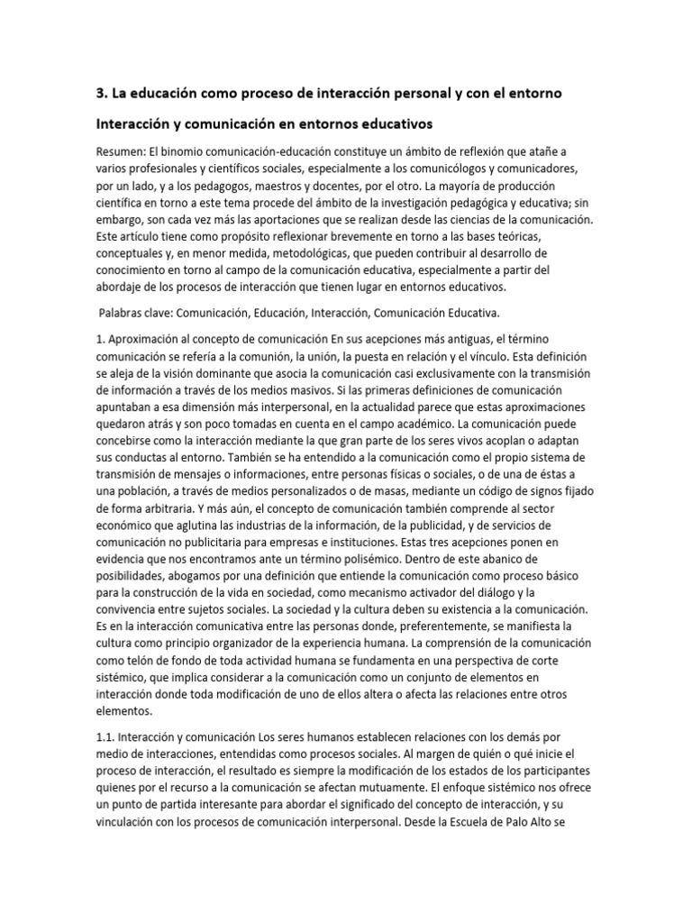 La Educación Como Proceso de Interacción Personal y Con El Entorno | PDF | Comunicación | Enseñando
