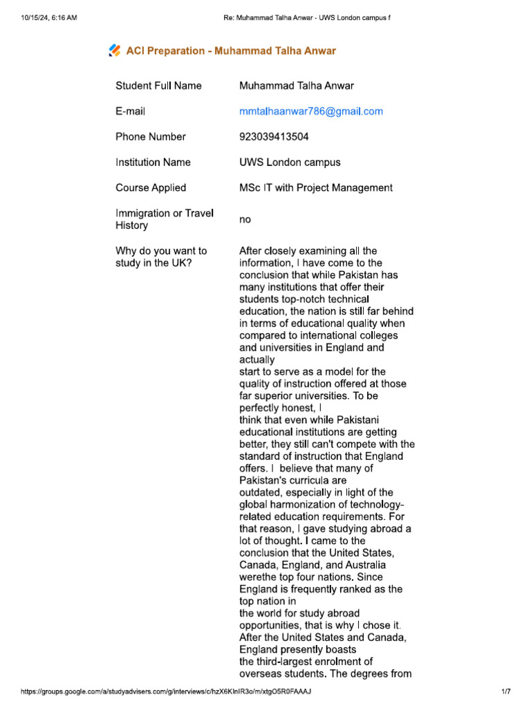 Re - Muhammad Talha Anwar - UWS London Campus F | PDF