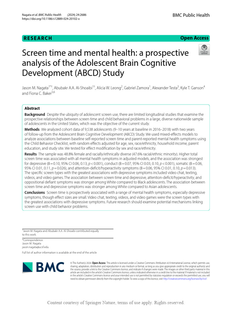 Screen Time and Mental Health A Prospective Analys | PDF | Adolescence ...