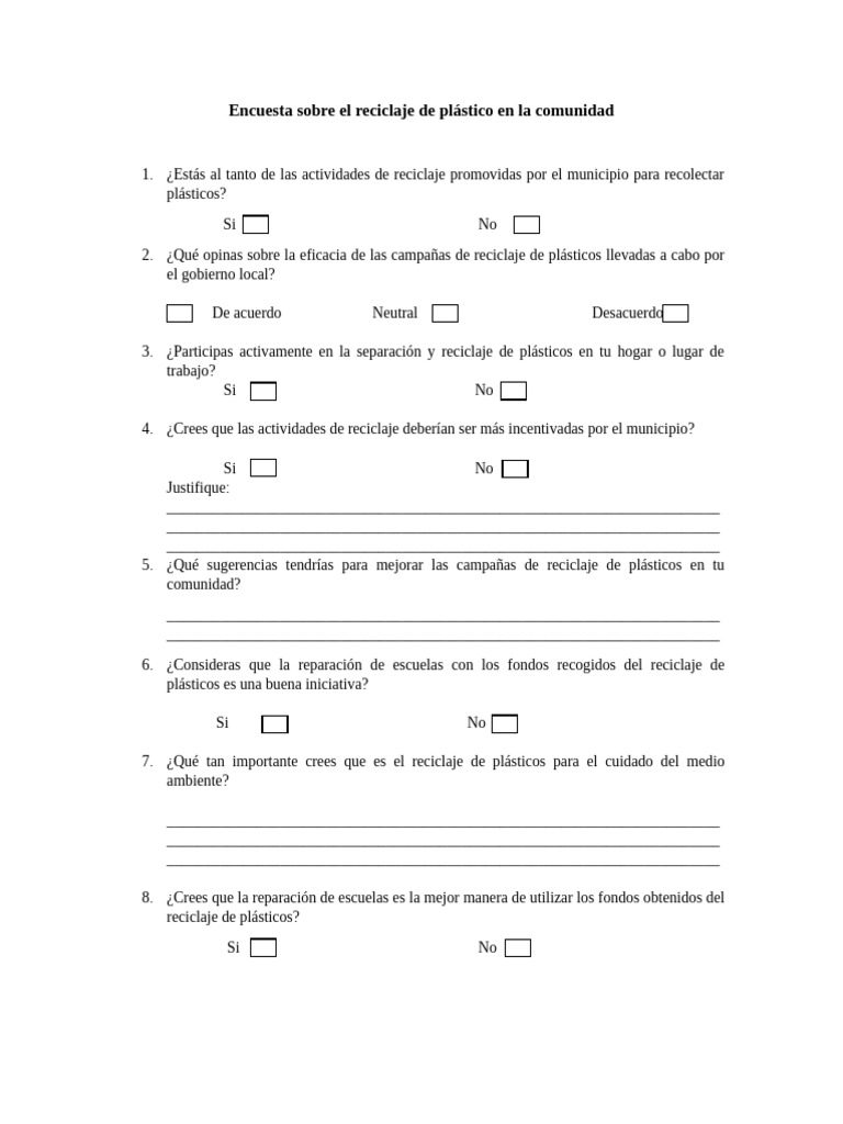 Formulario Sobre El Reciclaje de Plástico en La Comunidad | PDF