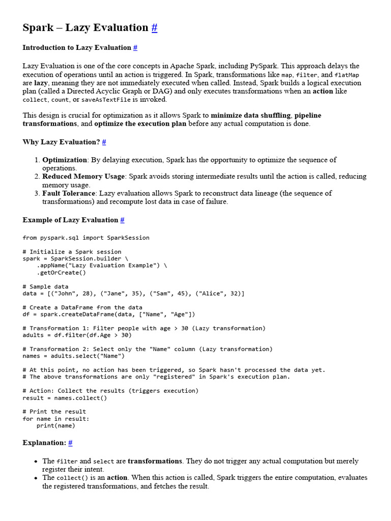 Spark - Lazy Evaluation | PDF | Apache Spark | Computer Programming Spark - Lazy Evaluation | PDF | Apache Spark | Computer Programming