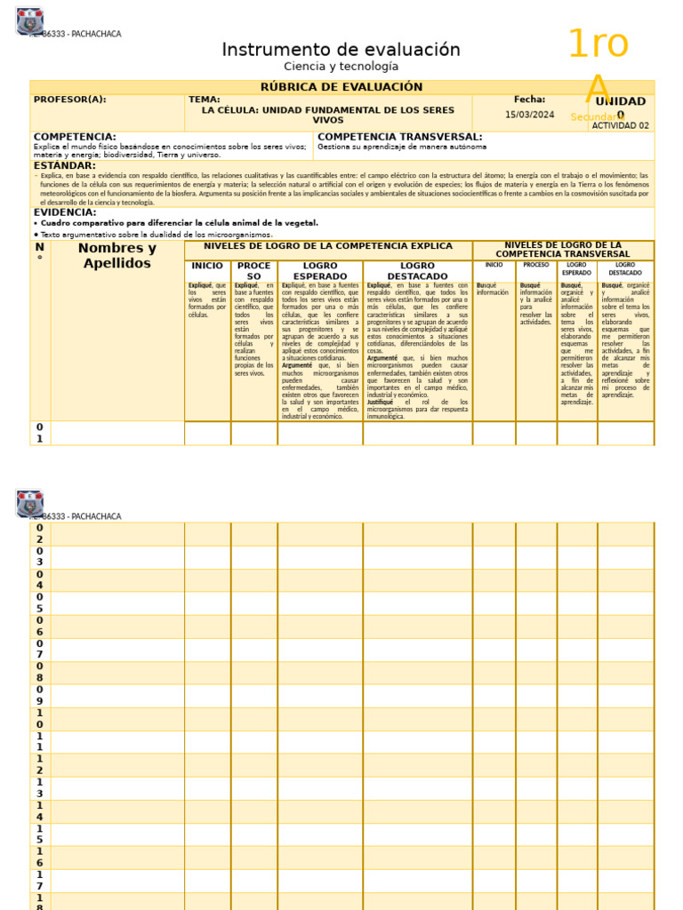 1° Sec - UNIDAD 0 - Instrumento de Evaluación - Actividad 2 (CyT Explica 2024) - Rúbrica | PDF ...