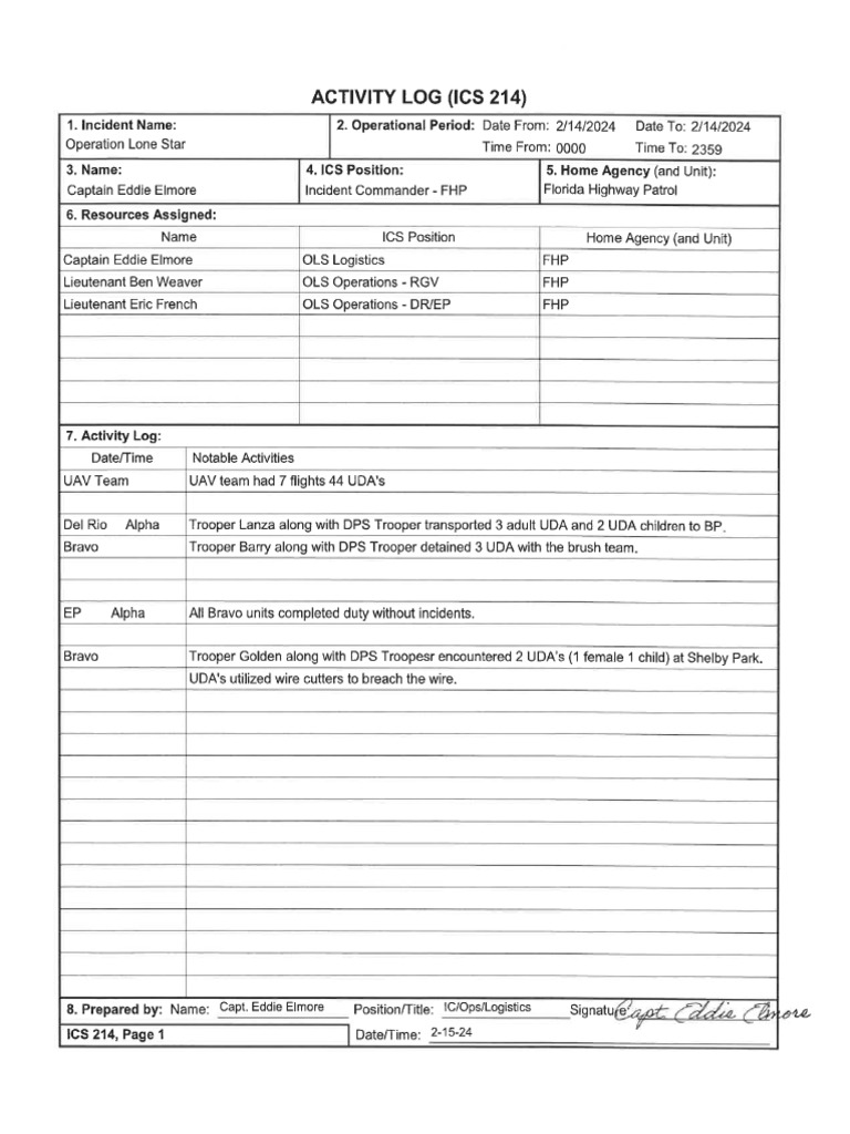 FHP Daily Activity Logs - Operation Lone Star | PDF
