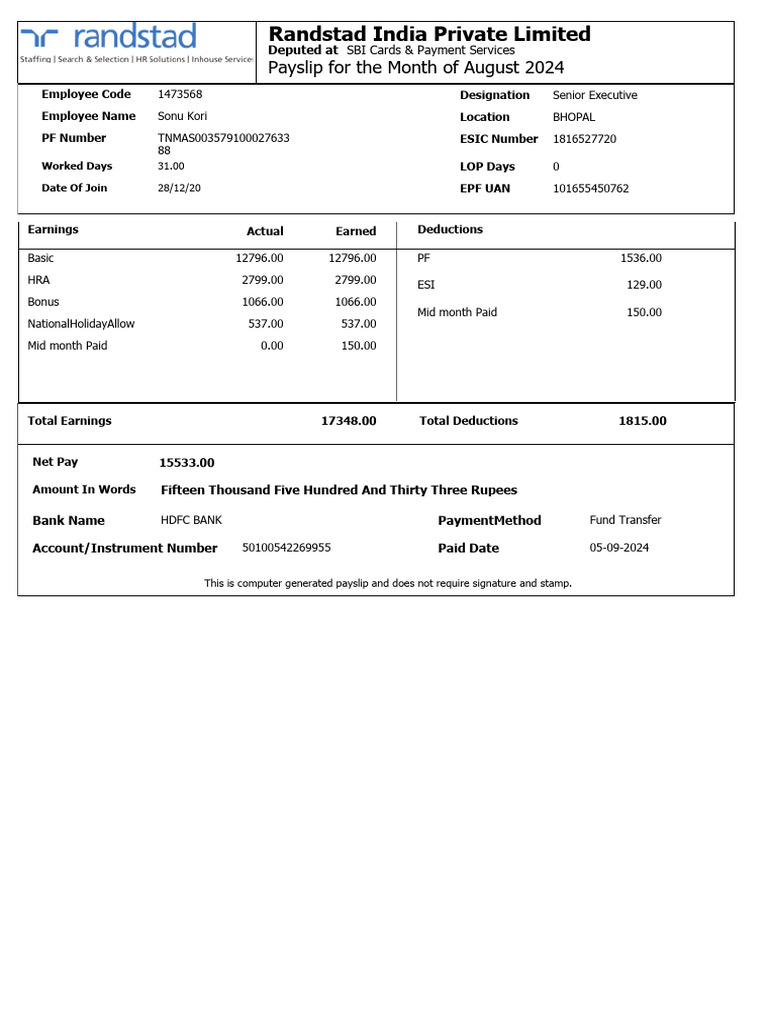 Payslip August 2024 | PDF