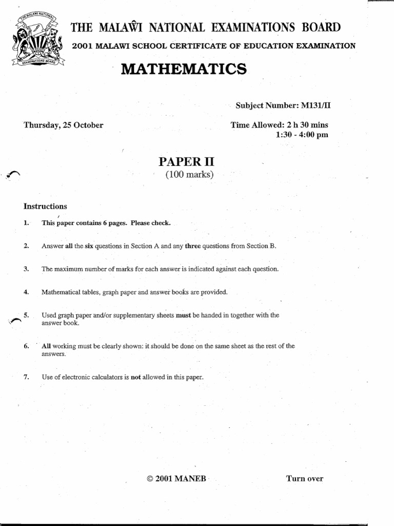 2001msce Math Paper | PDF