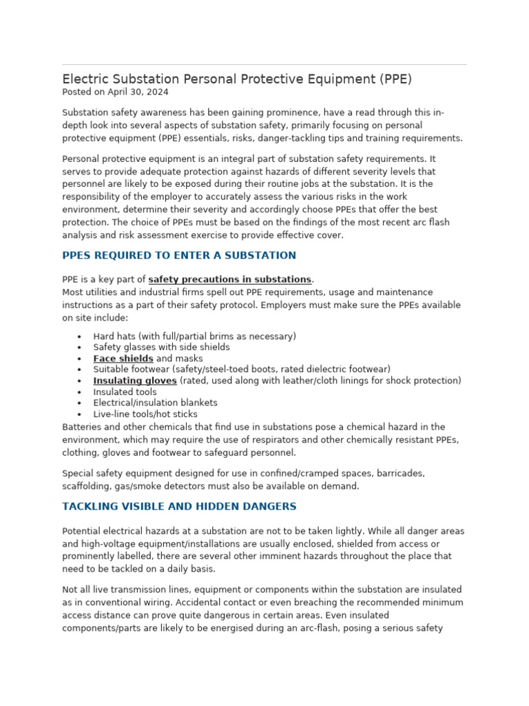 Substation PPE Safety Guidelines | PDF | Personal Protective Equipment ...