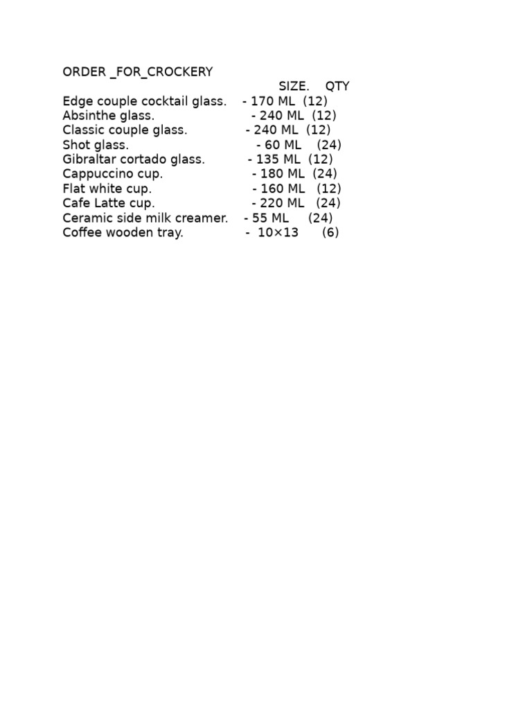 Crockery Order List and Quantities | PDF | Cooking, Food & Wine