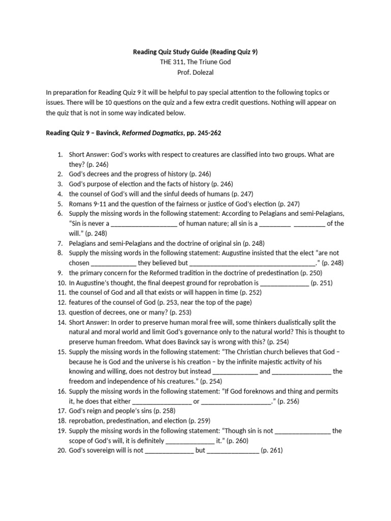 Study Guide For Reading Quiz 9 | PDF | Predestination | Christian ...