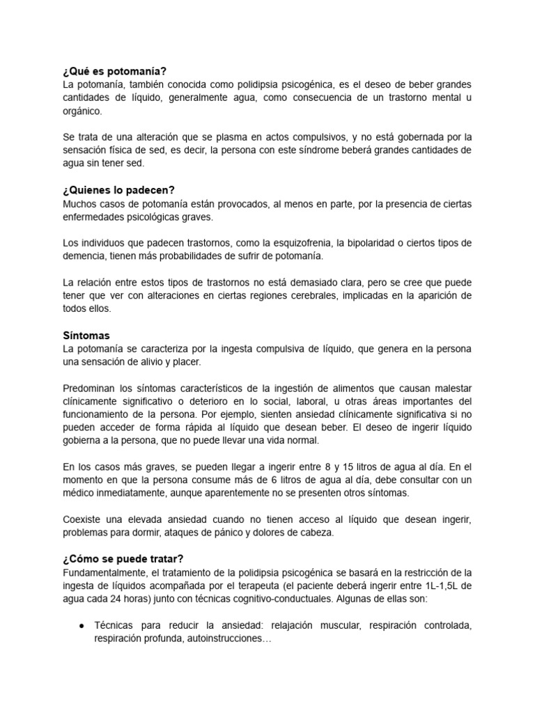 Potomanía: síntomas y tratamiento | PDF | Ansiedad | Enfermedades y ...