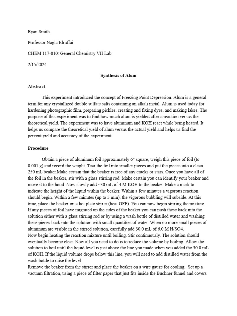 Gen Chem 117 Lab 3 Report | PDF | Filtration | Mole (Unit)