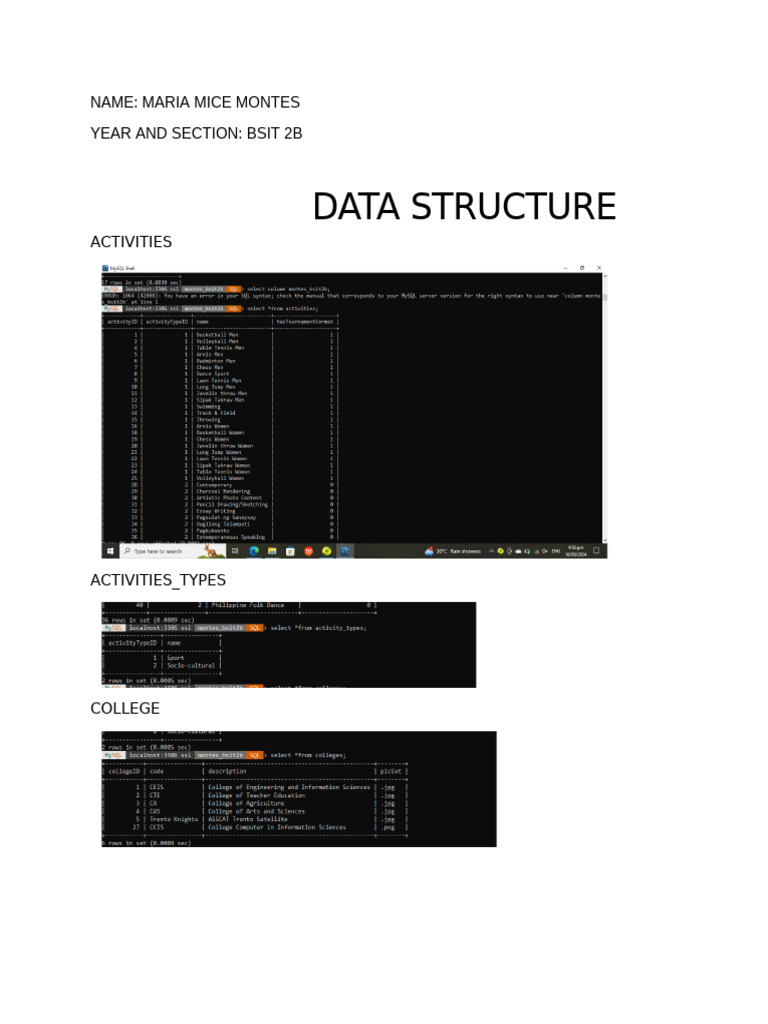 Data Structure: Name: Maria Mice Montes Year and Section: Bsit 2B | PDF ...
