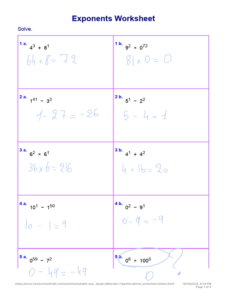 Exponents Worksheet | PDF