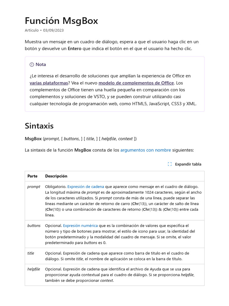 Función MsgBox (Visual Basic para Aplicaciones) - Microsoft Learn | PDF ...