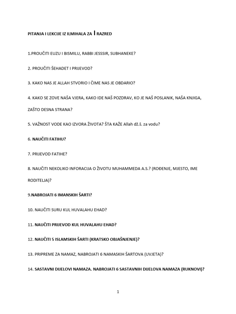 Pitanja I Lekcije Iz Ilmihala Za I Razred | PDF