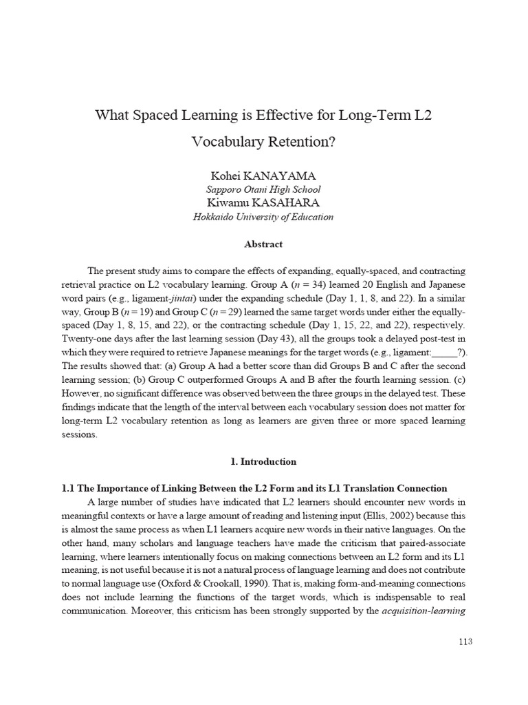 What Spaced Learning Is Effective For Long-Term L2 Vocabulary Retention? | PDF | Second Language ...