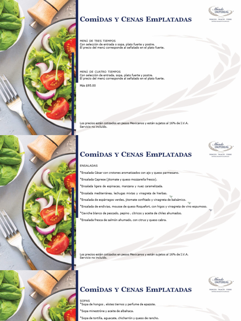 Menú de Comidas y Cenas Emplatadas | PDF | ensalada | Postres